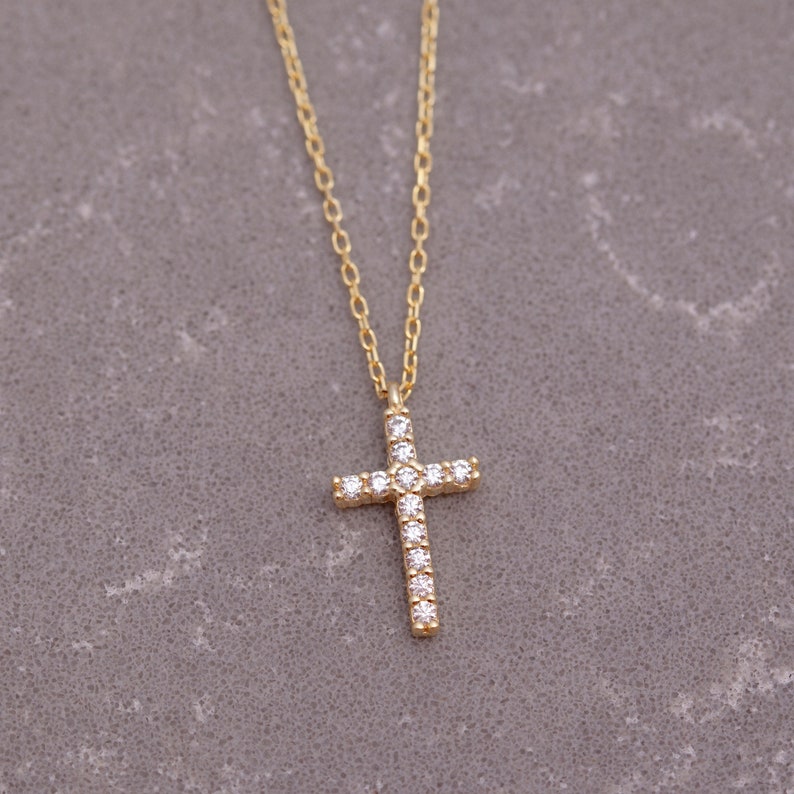 14k Gold Diamond Necklace Dainty Diamond Cross Pendant - Etsy
