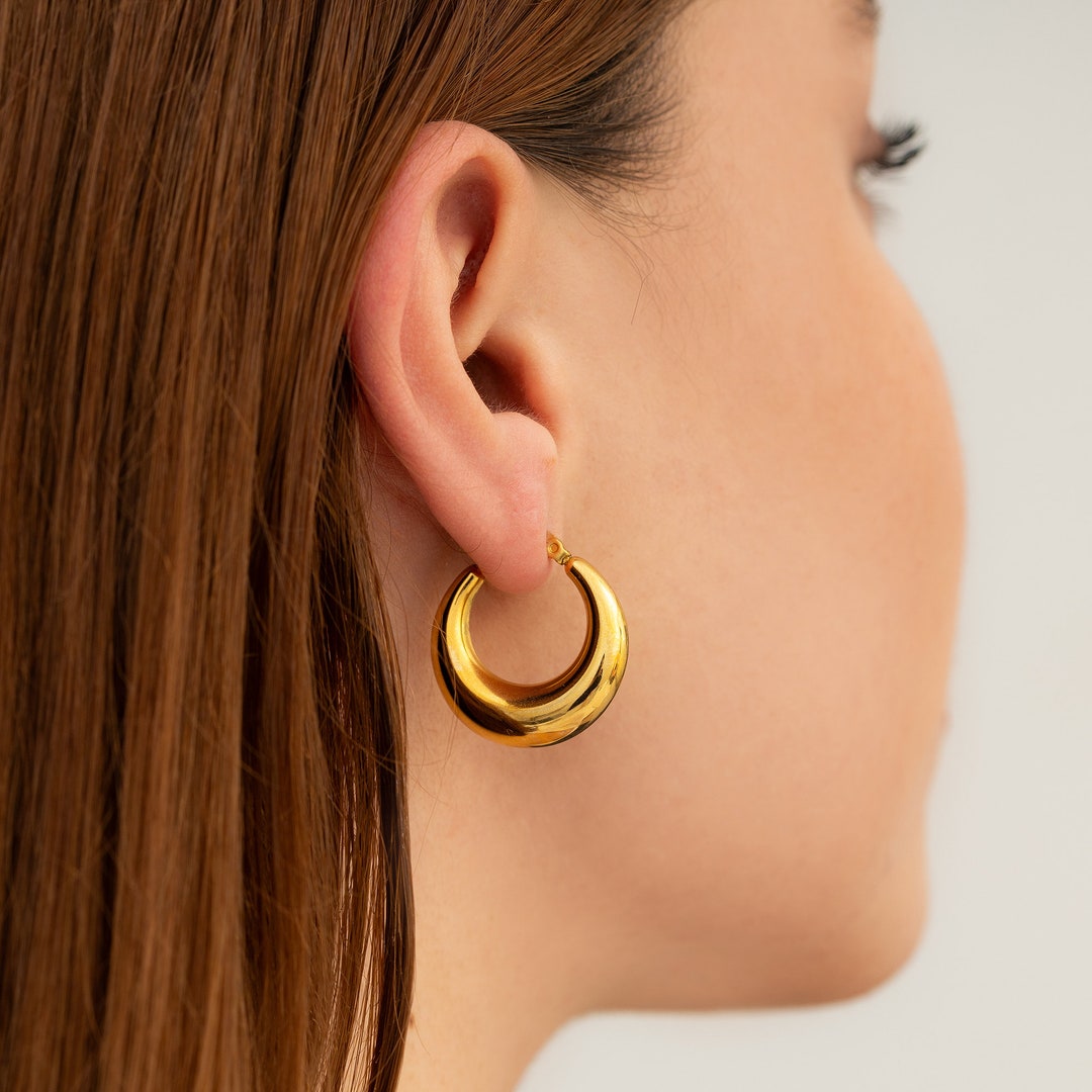 Gold Hoop Earrings, 18K Gold Chunky Earrings, Thick C Shape Earrings ...