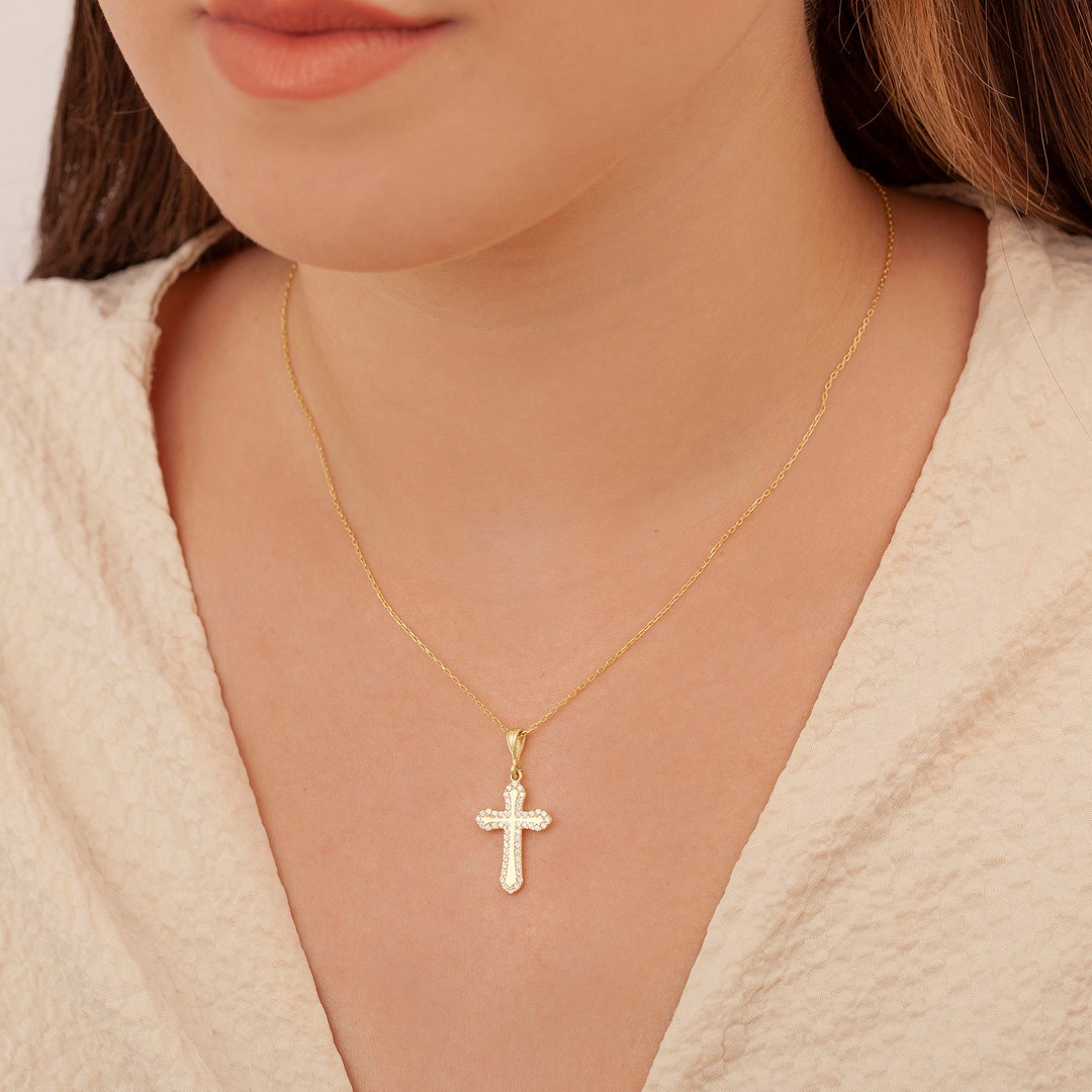 14K Real Gold Cross Necklace, Solid Cross Pendant, Diamond Cross Charm ...