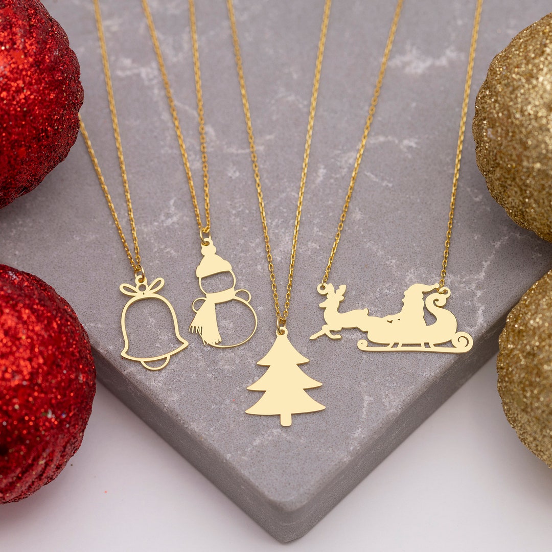 14K Gold Santa Claus Snowman Xmas Tree and Bell Necklaces, Dainty ...
