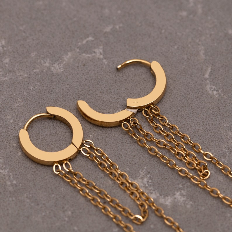 18K Gold Chain Earrings, Long Chain Earring, Tiny Huggie Drop, Double ...