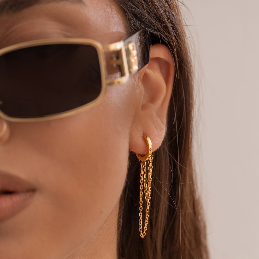 18K Gold Chain Huggie Earrings, Dangle Drop Chain Everyday Jewelry ...