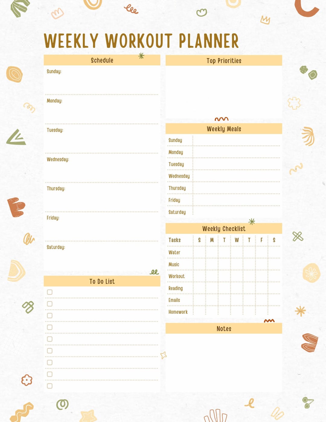 Weekly Workout Planner, Digital Download, Single Page - Etsy
