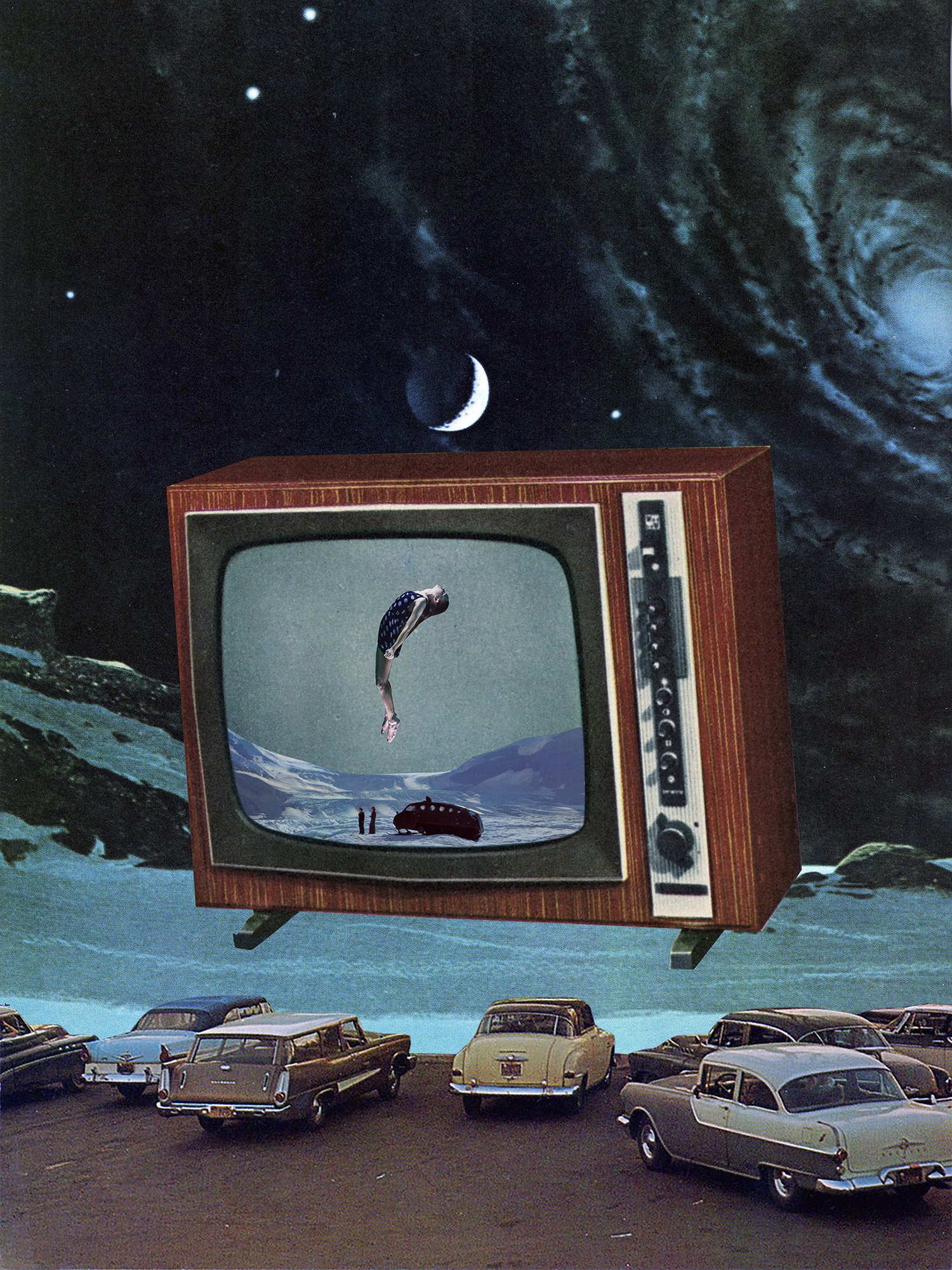 Drive-in Collage Art Print Surreal Vintage Car Collage, Retro Futurism ...