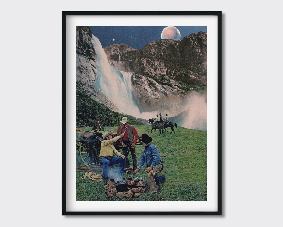 Cowboy Camp Collage Art - Surreal Vintage Cowboy Collage Print, Western ...