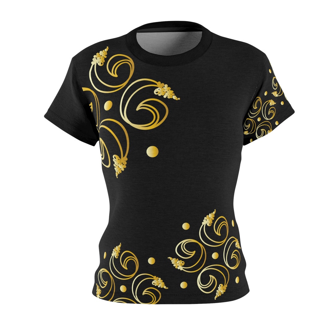 Black and Gold Women's All Over Print Tee, Spiral Gold Motif Women's ...
