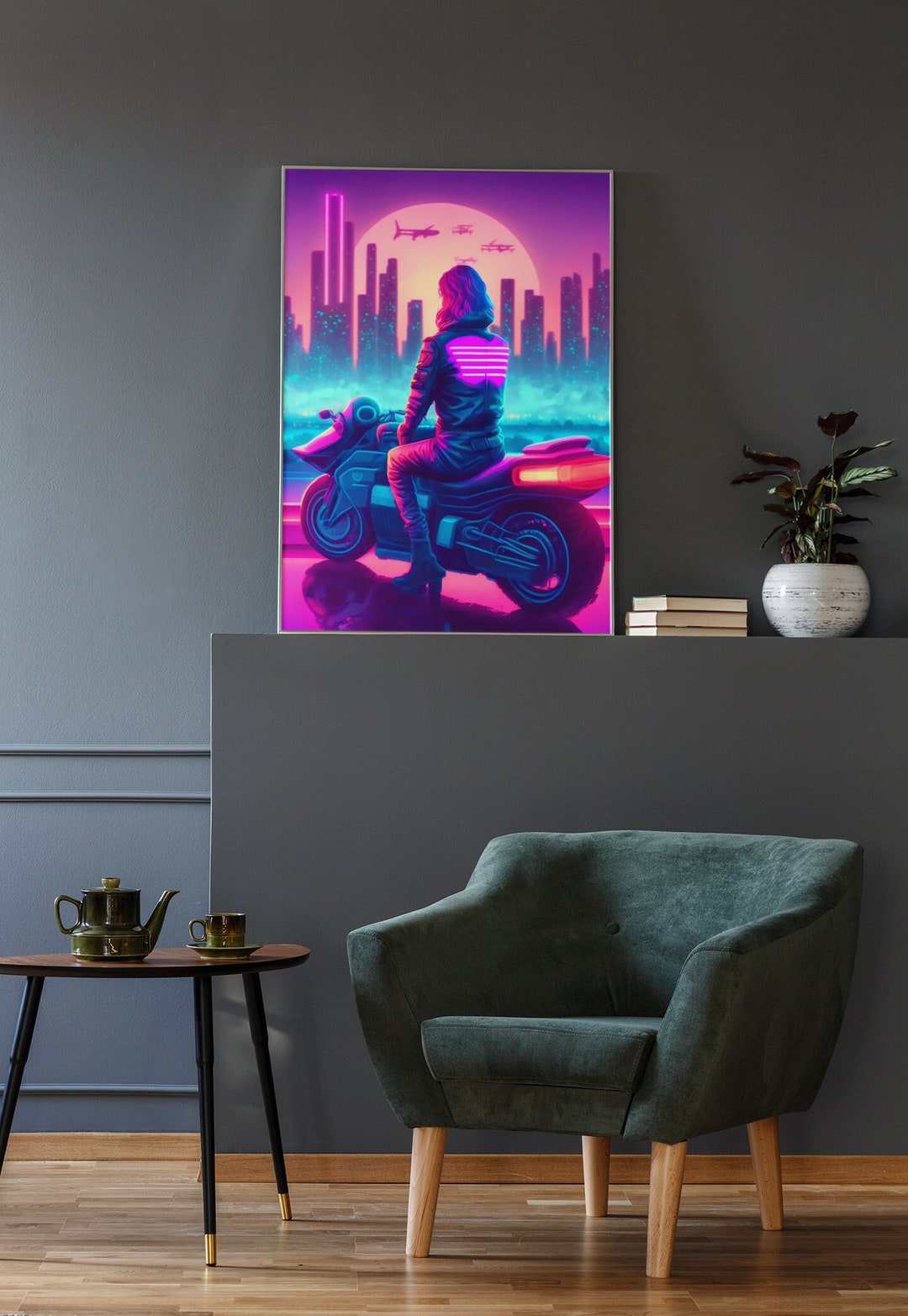 Girl on Motorcycle Wall Art Digital Product Synthwave Landscape ...