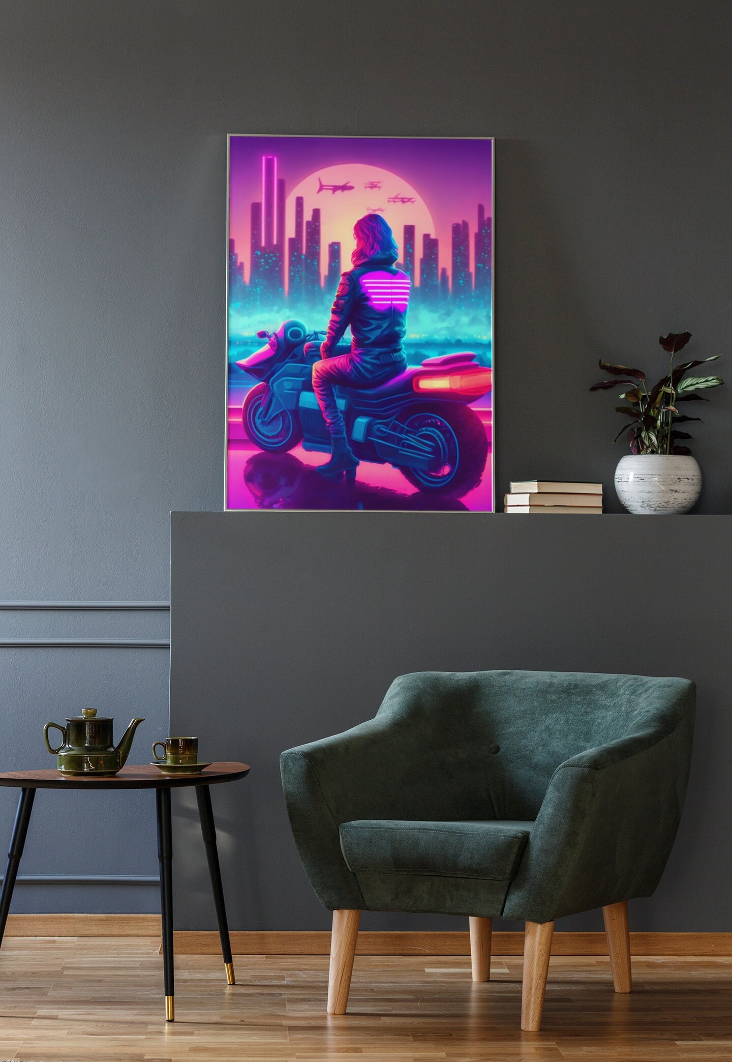 Girl on Motorcycle Wall Art Digital Product Synthwave Landscape ...