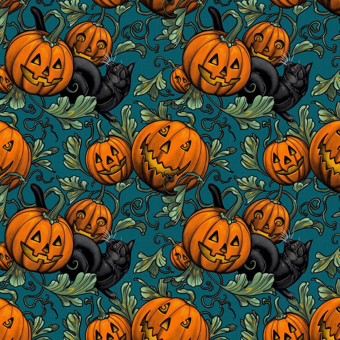 Storybook Halloween by Rachel Hauser Pumpkin Patch Turquoise - Etsy