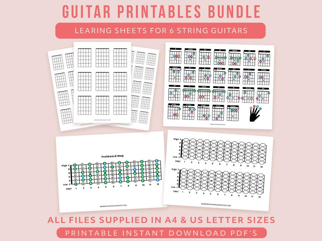 Guitar Learning Bundle – Printable Chord Charts, Fretboard Diagrams and ...