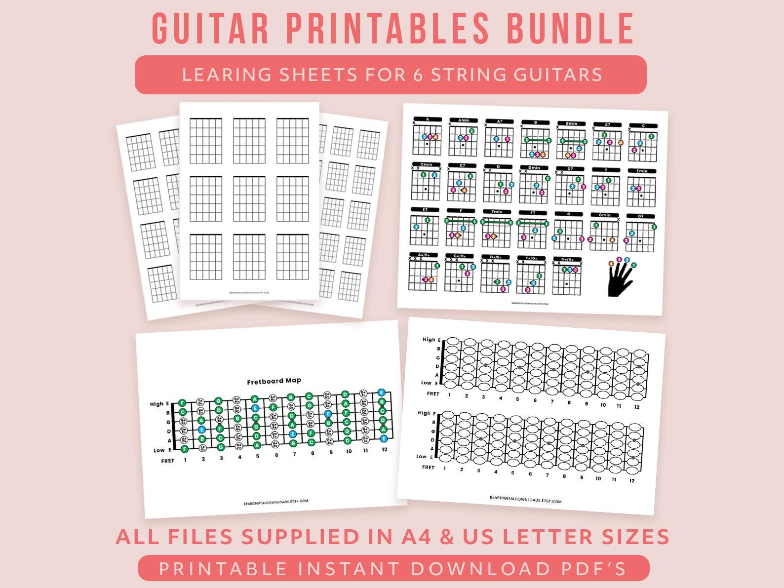 Guitar Learning Bundle – Printable Chord Charts, Fretboard Diagrams and ...