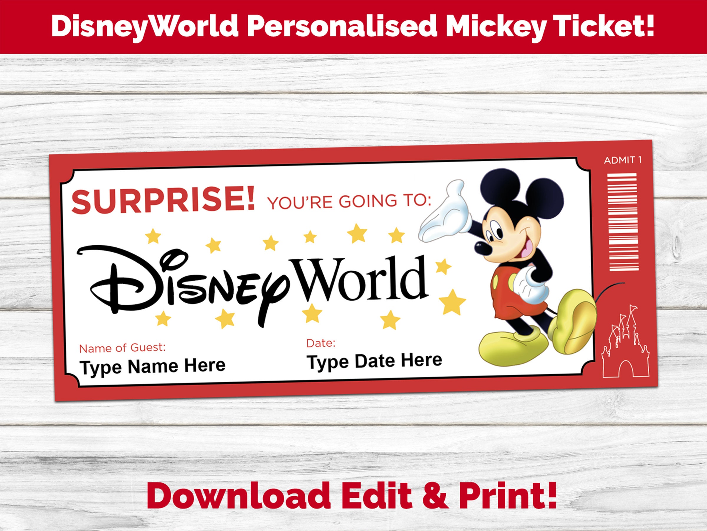 Editable Mickey Mouse Ticket, Special Surprise Reveal. Florida Holiday ...