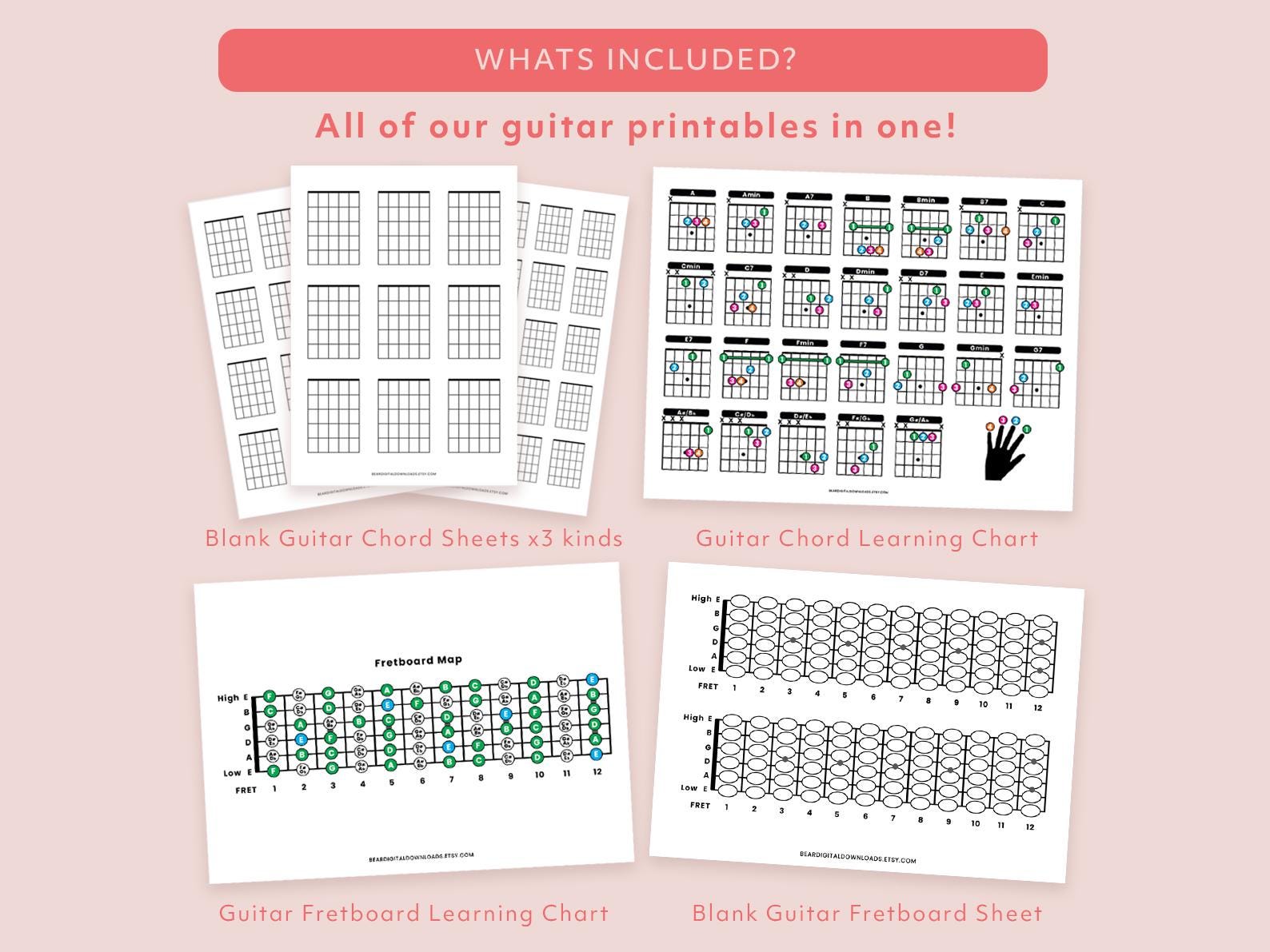 Guitar Learning Bundle – Printable Chord Charts, Fretboard Diagrams and ...