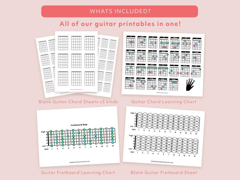 Guitar Learning Bundle – Printable Chord Charts, Fretboard Diagrams and ...