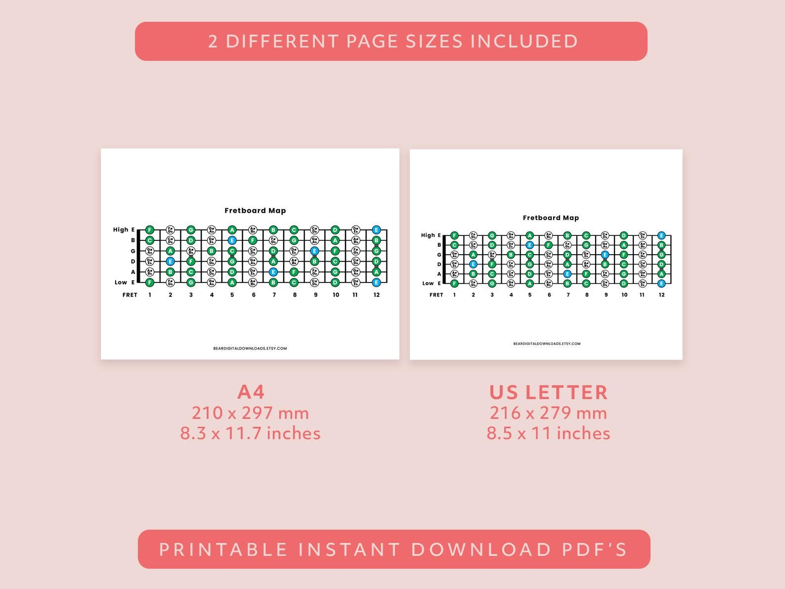 Guitar Fretboard Lesson Chart Printable | Fretboard Template PDF for 6 ...