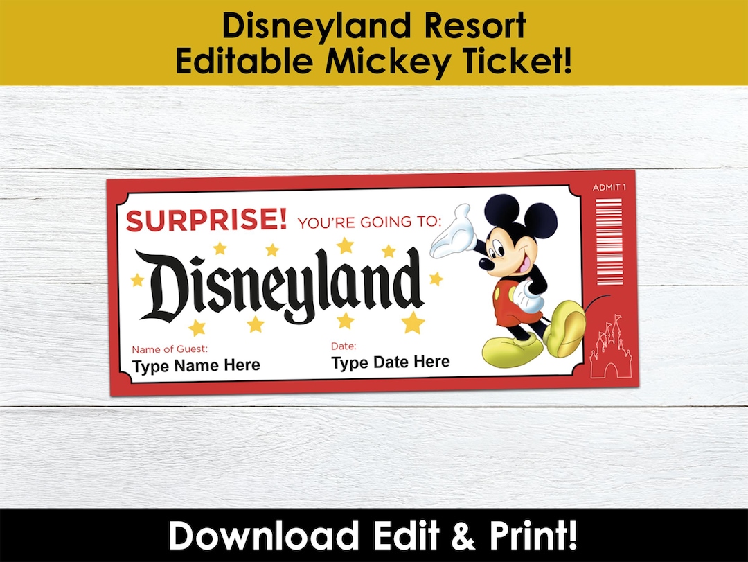 Editable California Resort Mickey Mouse Ticket | Anaheim Vacation ...