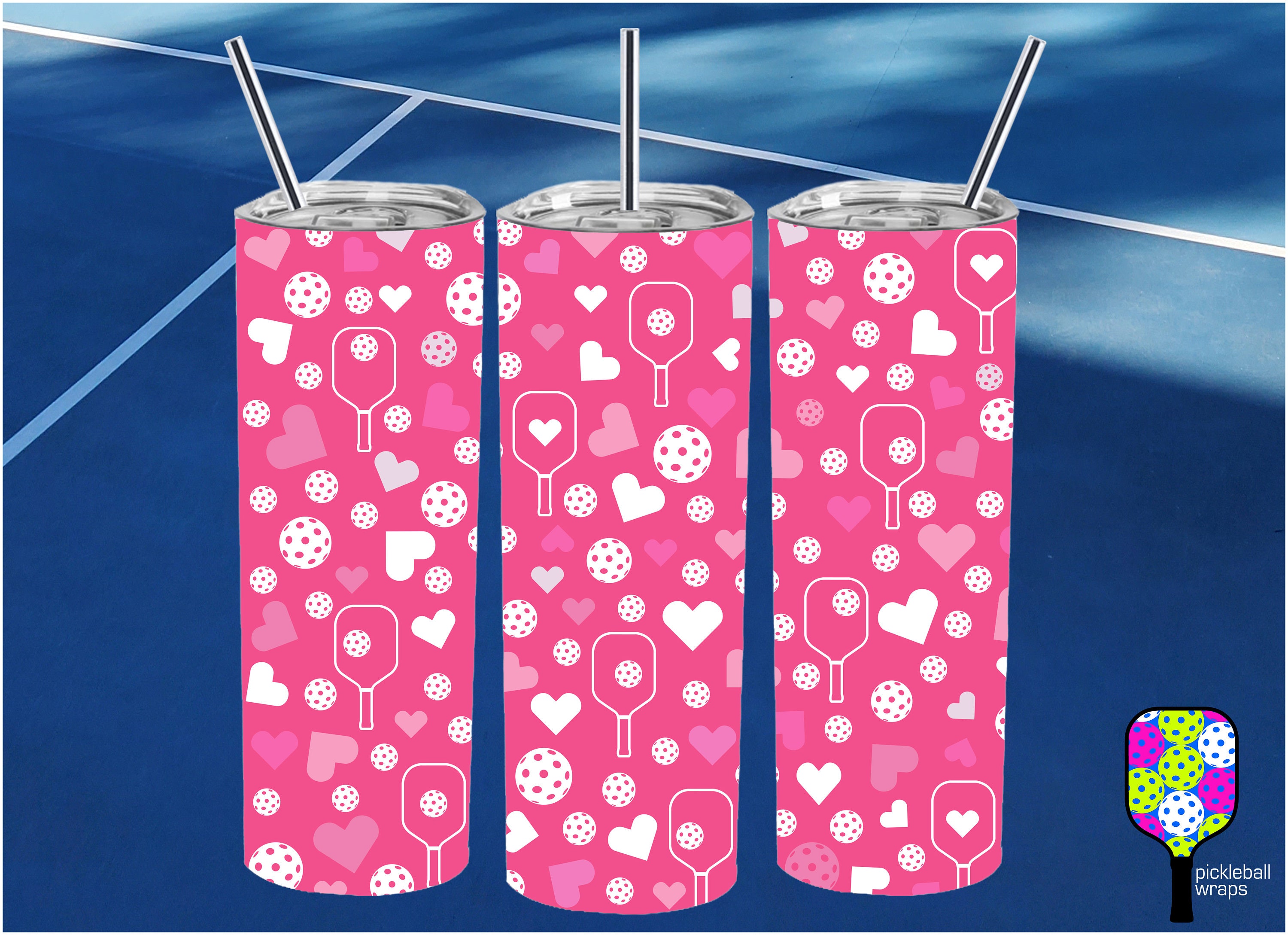 I LOVE PICKLEBALL Racquet Balls Hearts Pink Tumbler Wrap Png Digital ...