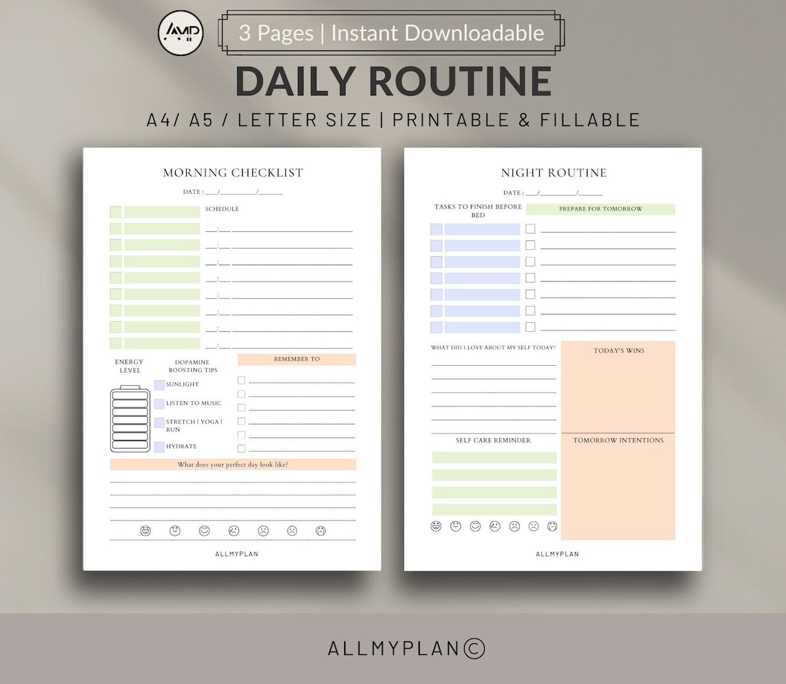 Daily Routine Template, Morning Checklist, Evening Routine, Custom ...