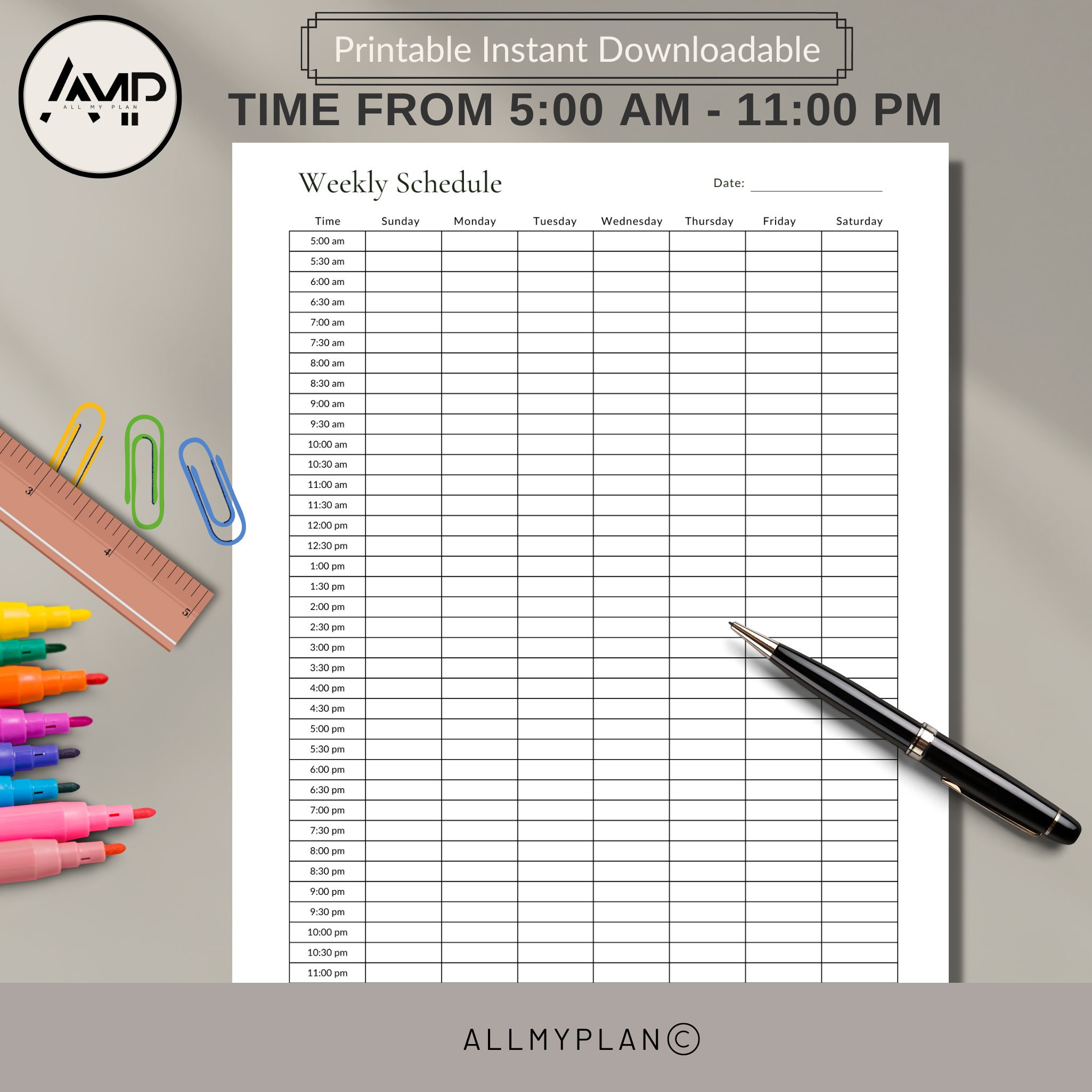 Weekly Half Hour Schedule | Weekly Planner: 5am-11pm |sun/mon Start ...