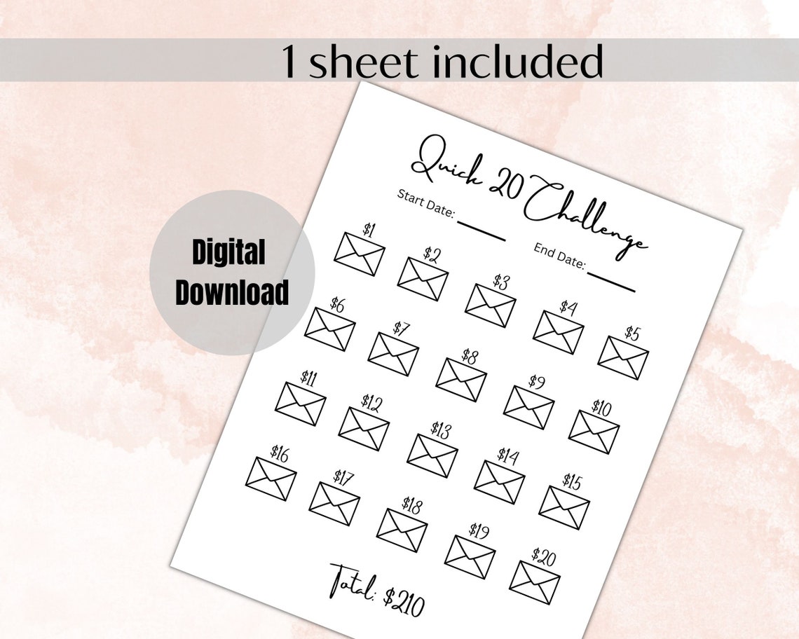 Quick 20 Envelope Savings Challenge Printable, Savings Challenge | A4 ...