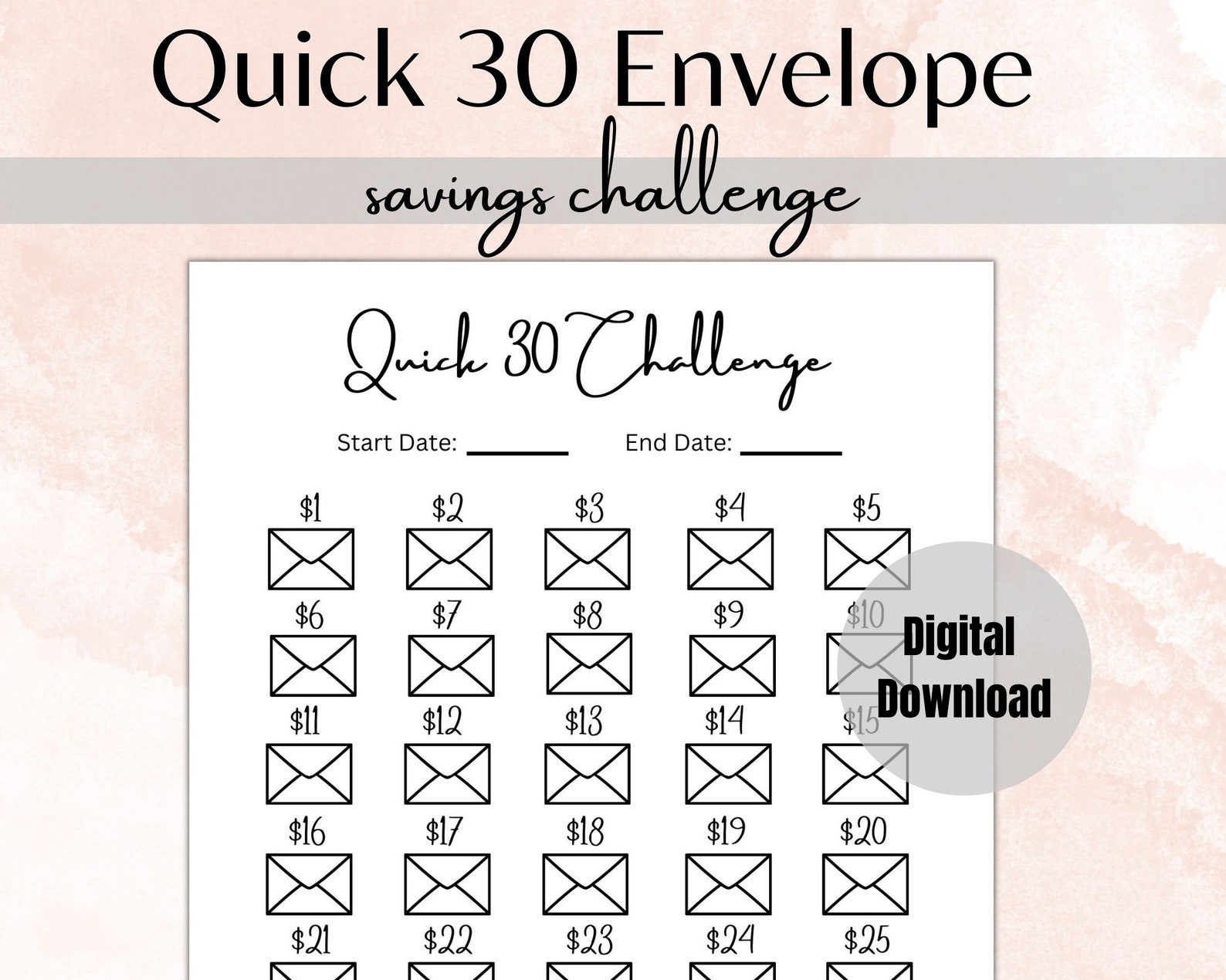 Quick 30 Envelope Savings Challenge Printable, Savings Challenge | A4 ...