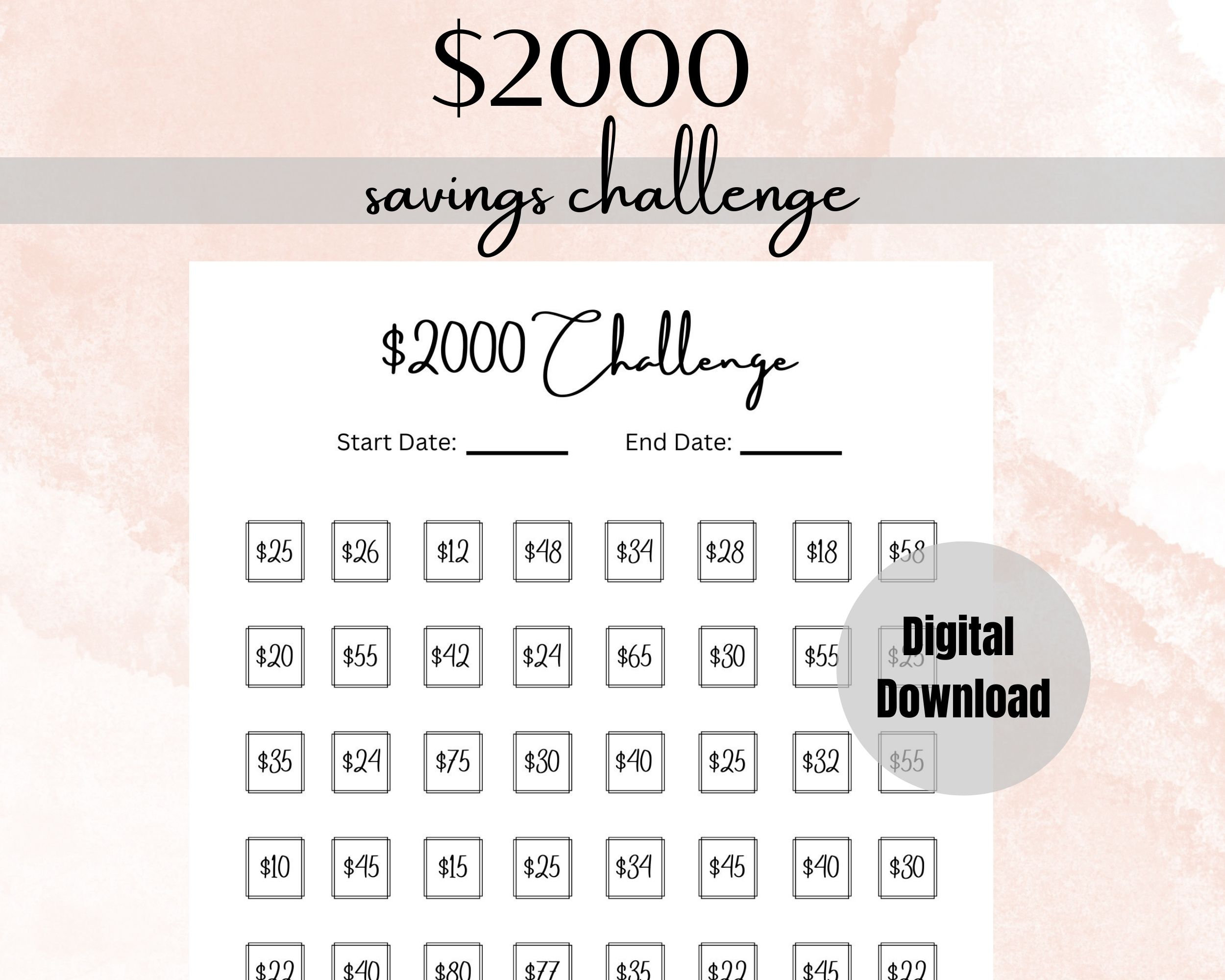 2000 Dollar Savings Challenge Printable, Savings Challenge | A4 and A5 ...
