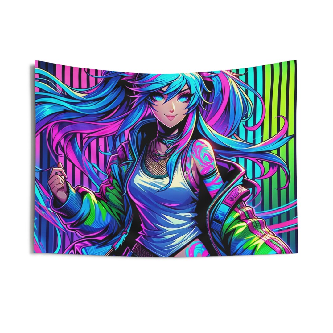 Indoor Neon Anime Girl Wall Tapestry - Etsy