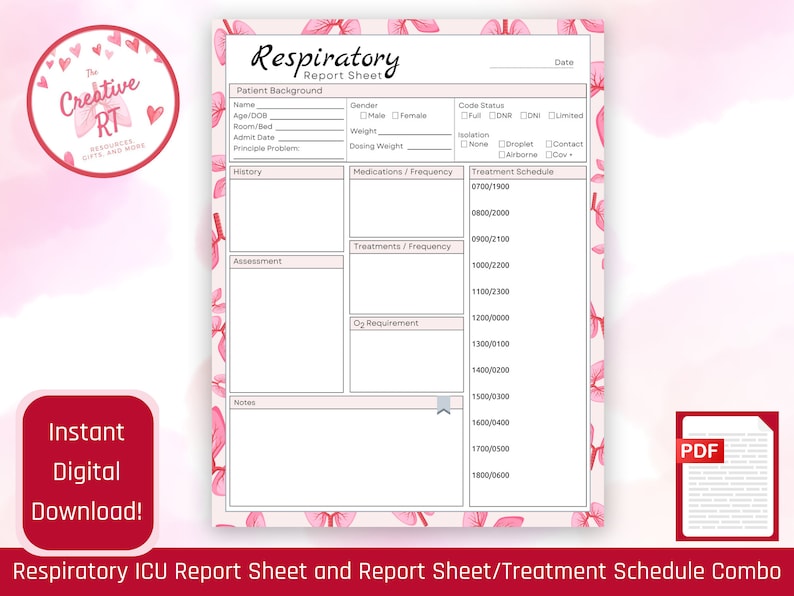 Respiratory Report Sheet Combo, Respiratory Treatment Schedule, Med ...