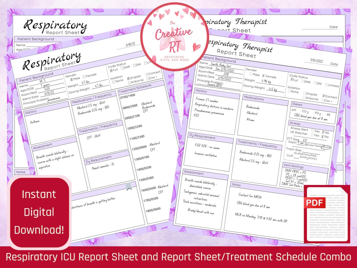 Respiratory Report Sheet Combo, Respiratory Treatment Schedule, Med ...