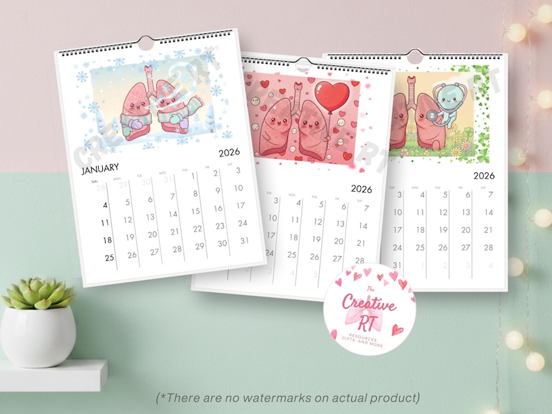 2026 Pastel Kawaii Wall Calendar | Adorable Lungs Art for Rts, Nurses ...