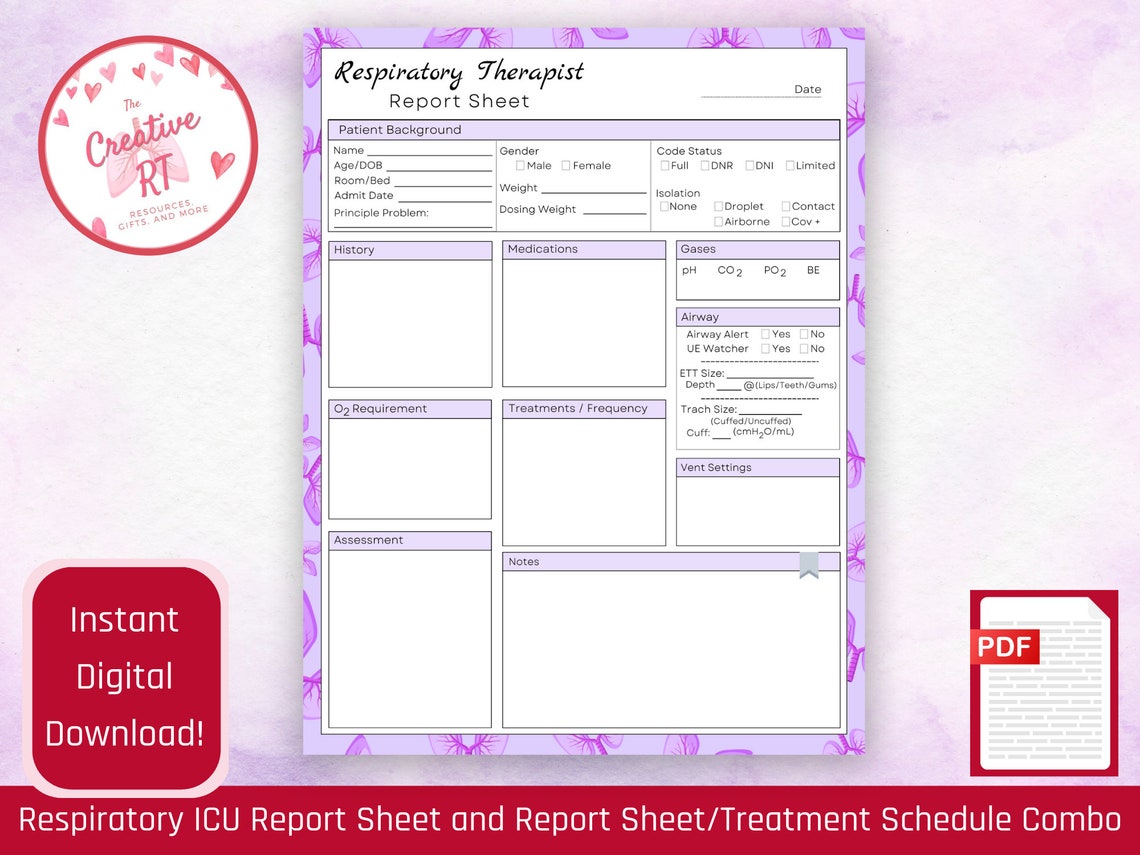 Respiratory Report Sheet Combo, Respiratory Treatment Schedule, Med ...