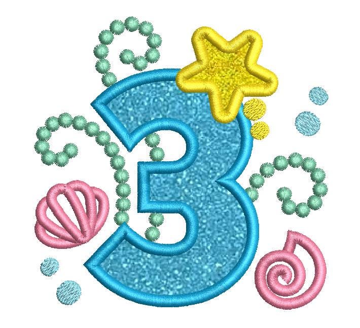 Mermaid Number 3 Applique Machine Embroidery Design Monogram for Girls ...