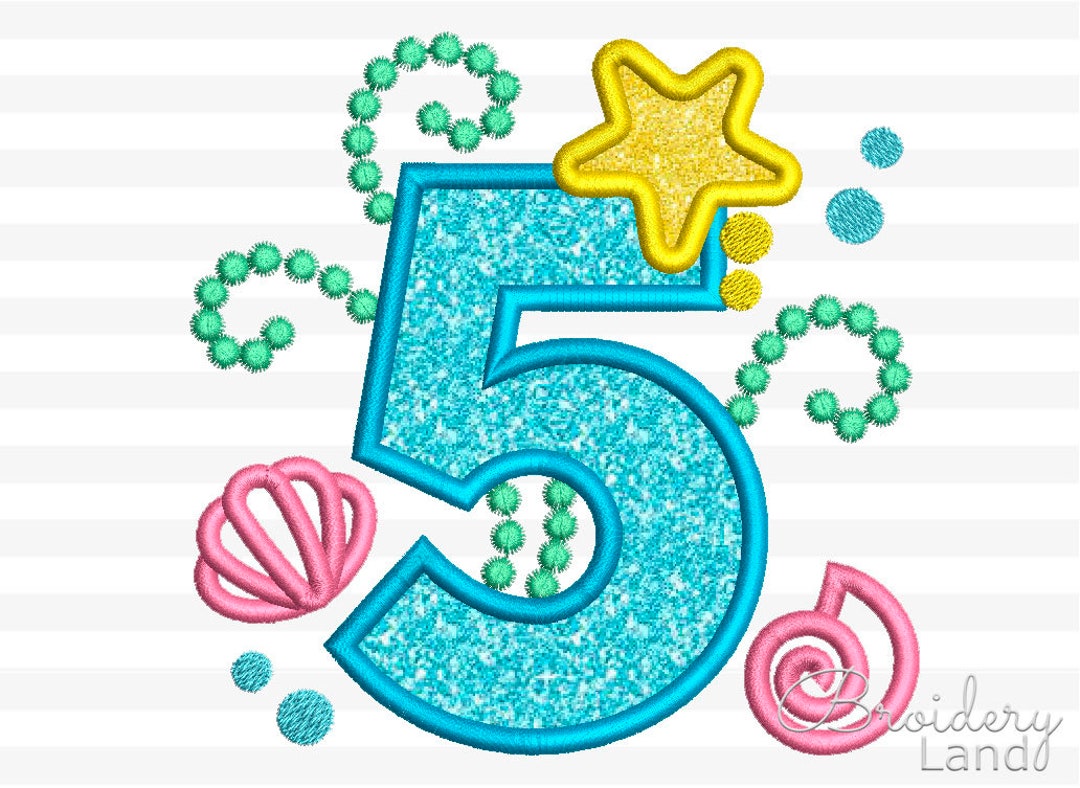 Mermaid Number 5 Applique Machine Embroidery Design Monogram for Girls ...