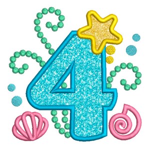 Mermaid Number 4 Applique Machine Embroidery Design Monogram for Girls ...