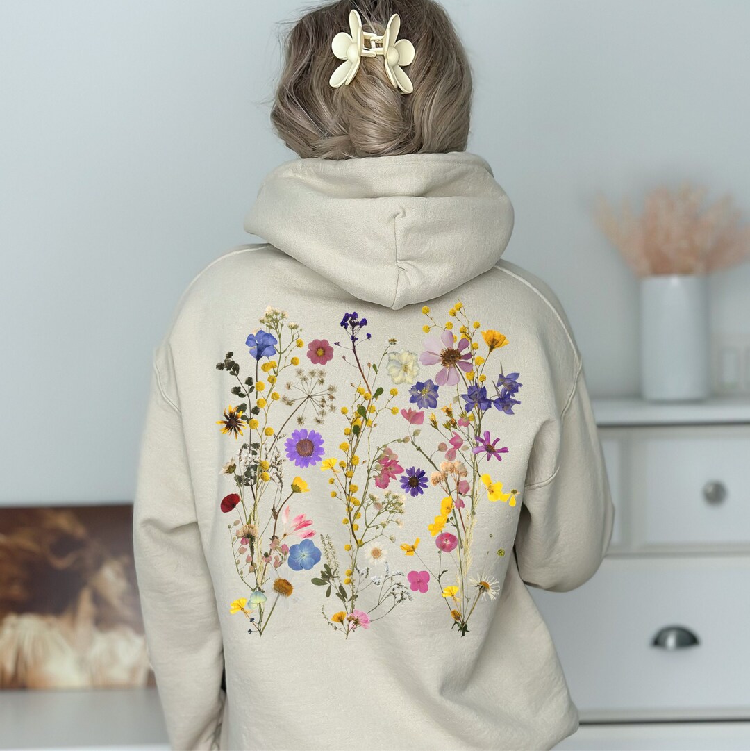 Pressed Flowers Hoodie, Boho Wildflowers Cottagecore Hoody, Floral ...