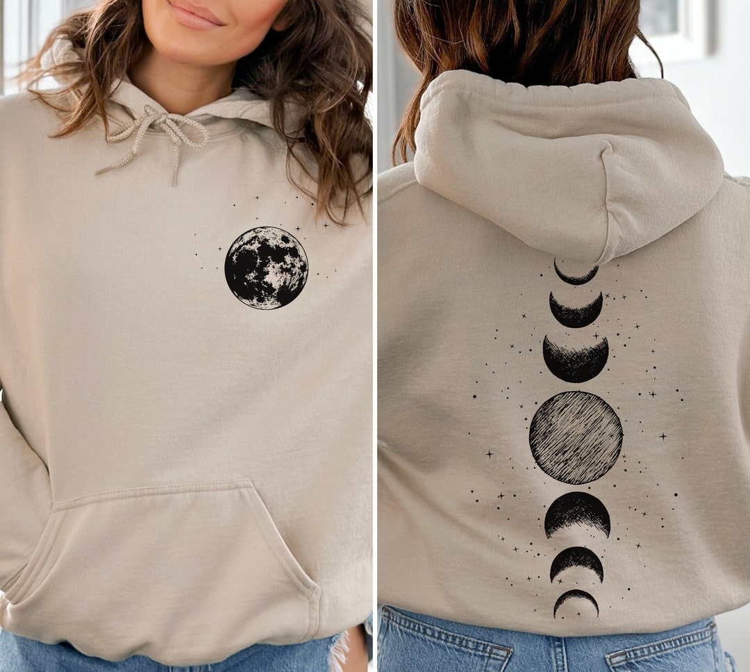 Moon Phases Hoodie, Mystical Moon Phase Hooded Sweatshirt, Front & Back ...