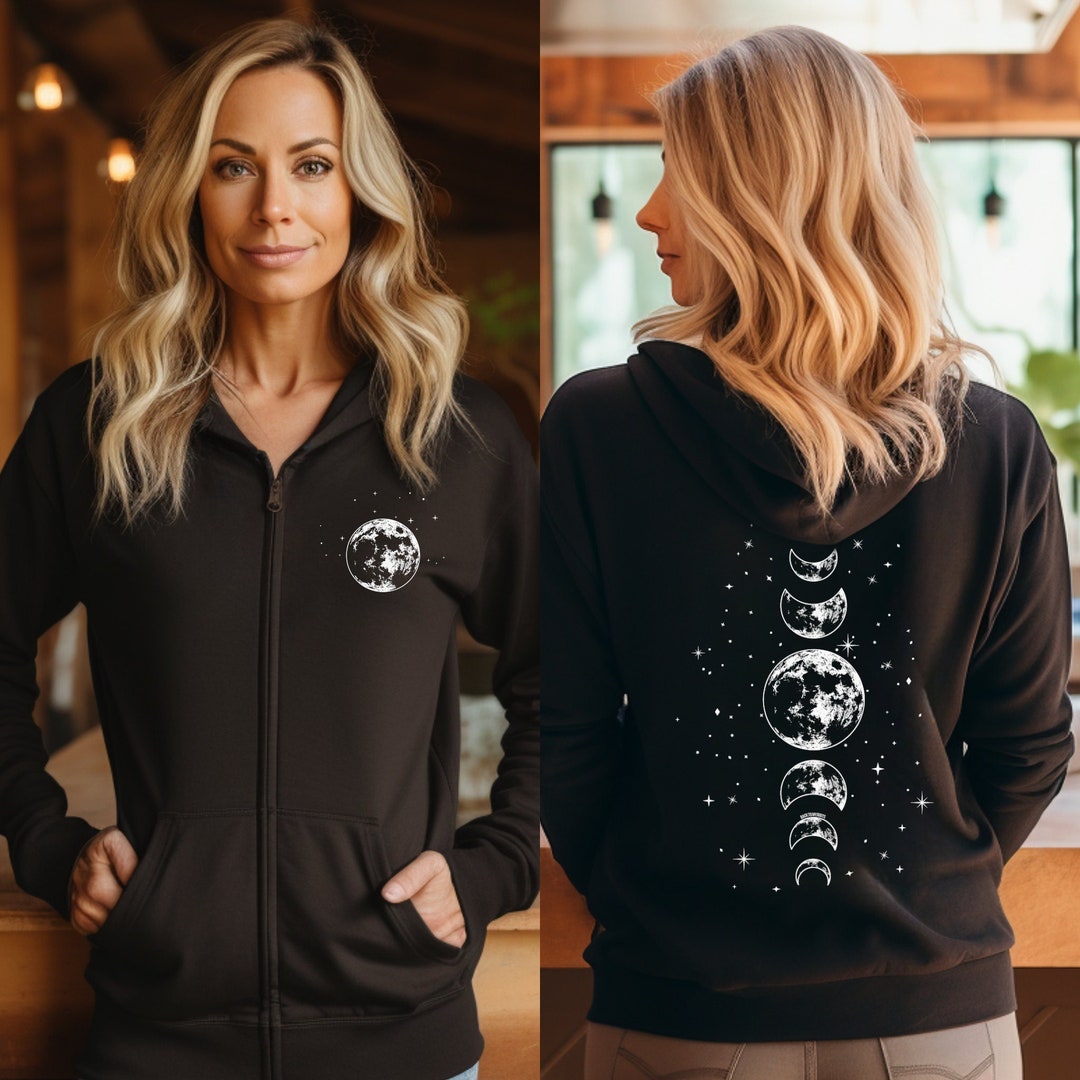 Moon Phases Zip up Hoodie, Mystical Moon Phase Hooded Sweatshirt, Front ...