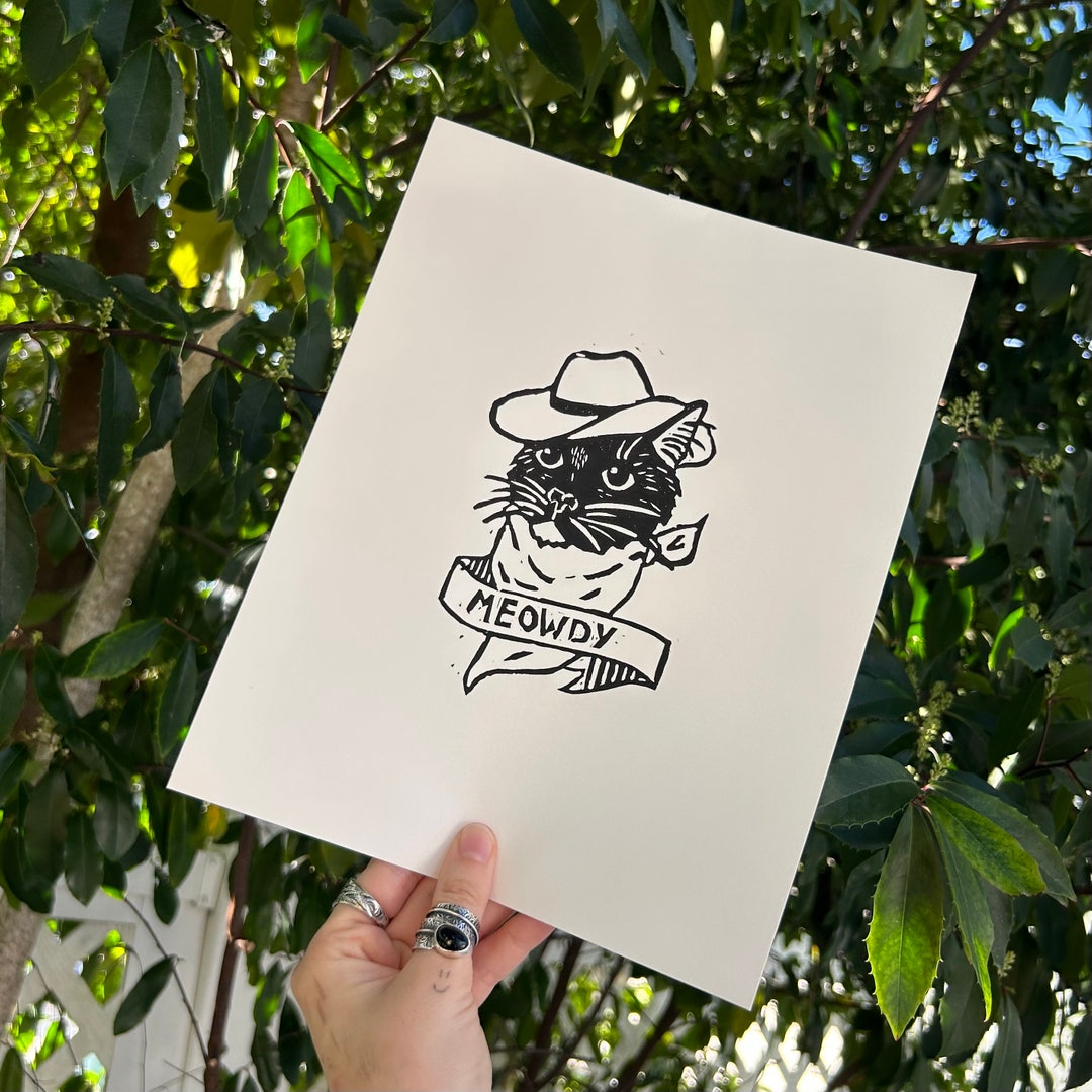 Meowdy Cowboy Cat Linocut Print - Etsy