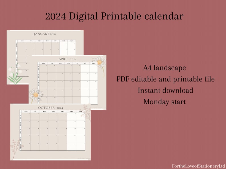 Printable 2024 Monthly Calendar 2024 PDF Calendar Floral Minimalist ...