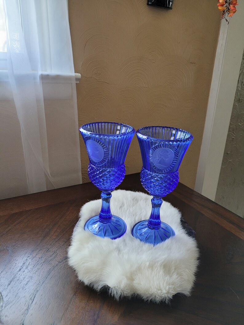 Vintage Avon Cobalt Blue Glass Goblets and Fostoria Pitcher VAG-9 - Etsy