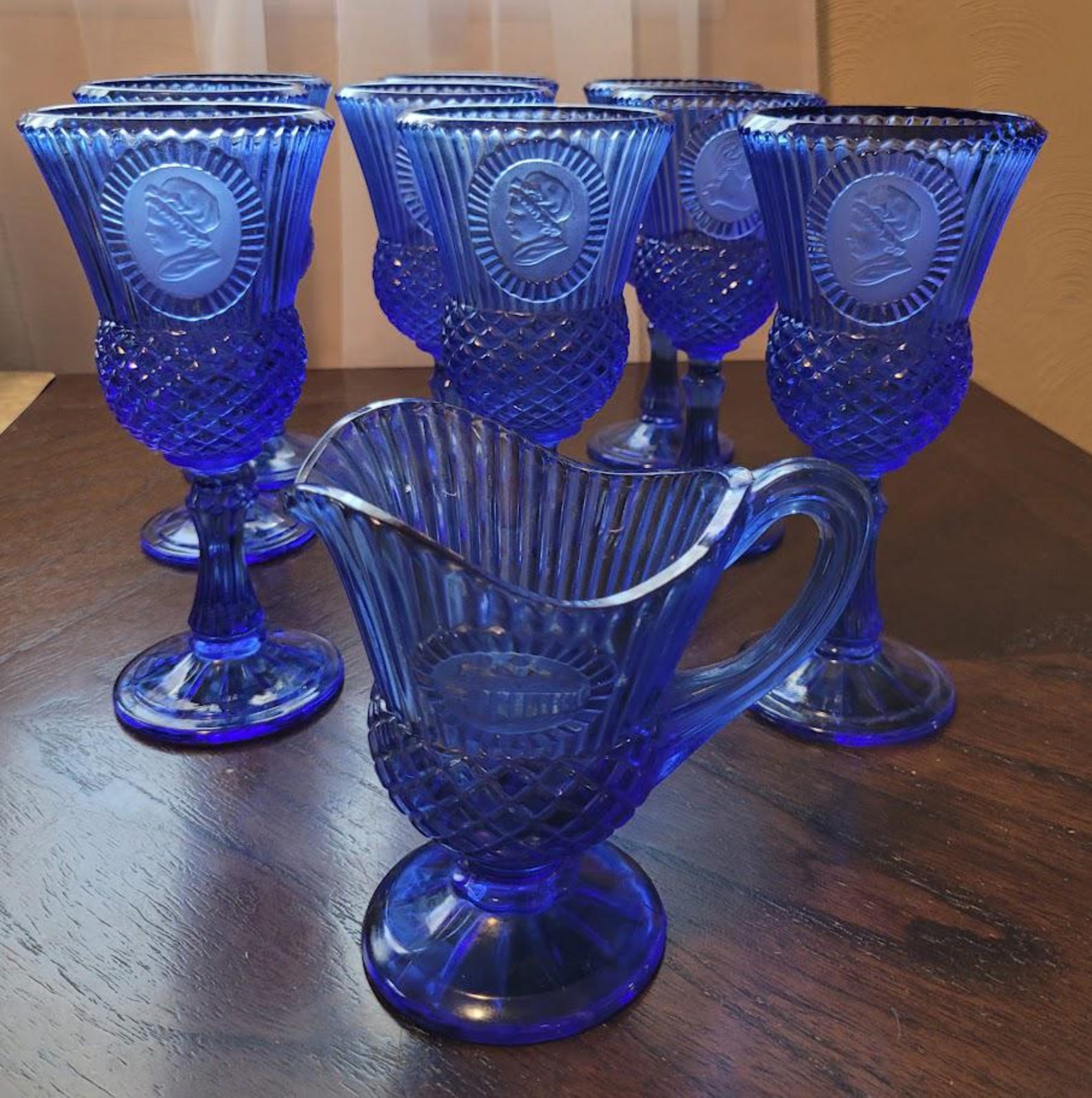 Vintage Avon Cobalt Blue Glass Goblets and Fostoria Pitcher VAG-10 - Etsy