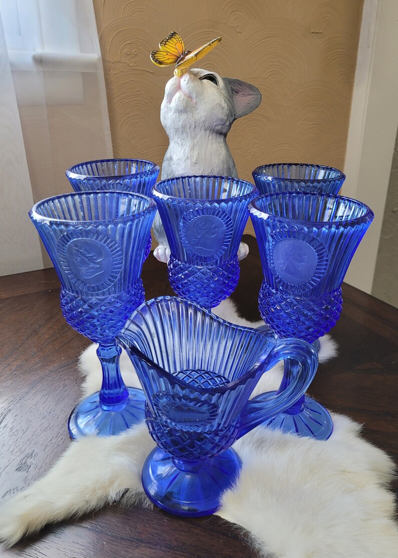 Vintage Avon Cobalt Blue Glass Goblets and Fostoria Pitcher VAG-9 - Etsy