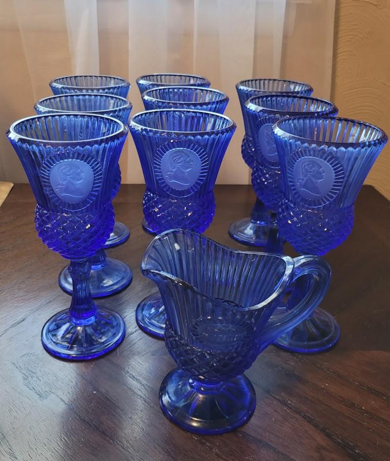 Vintage Avon Cobalt Blue Glass Goblets and Fostoria Pitcher VAG-10 - Etsy