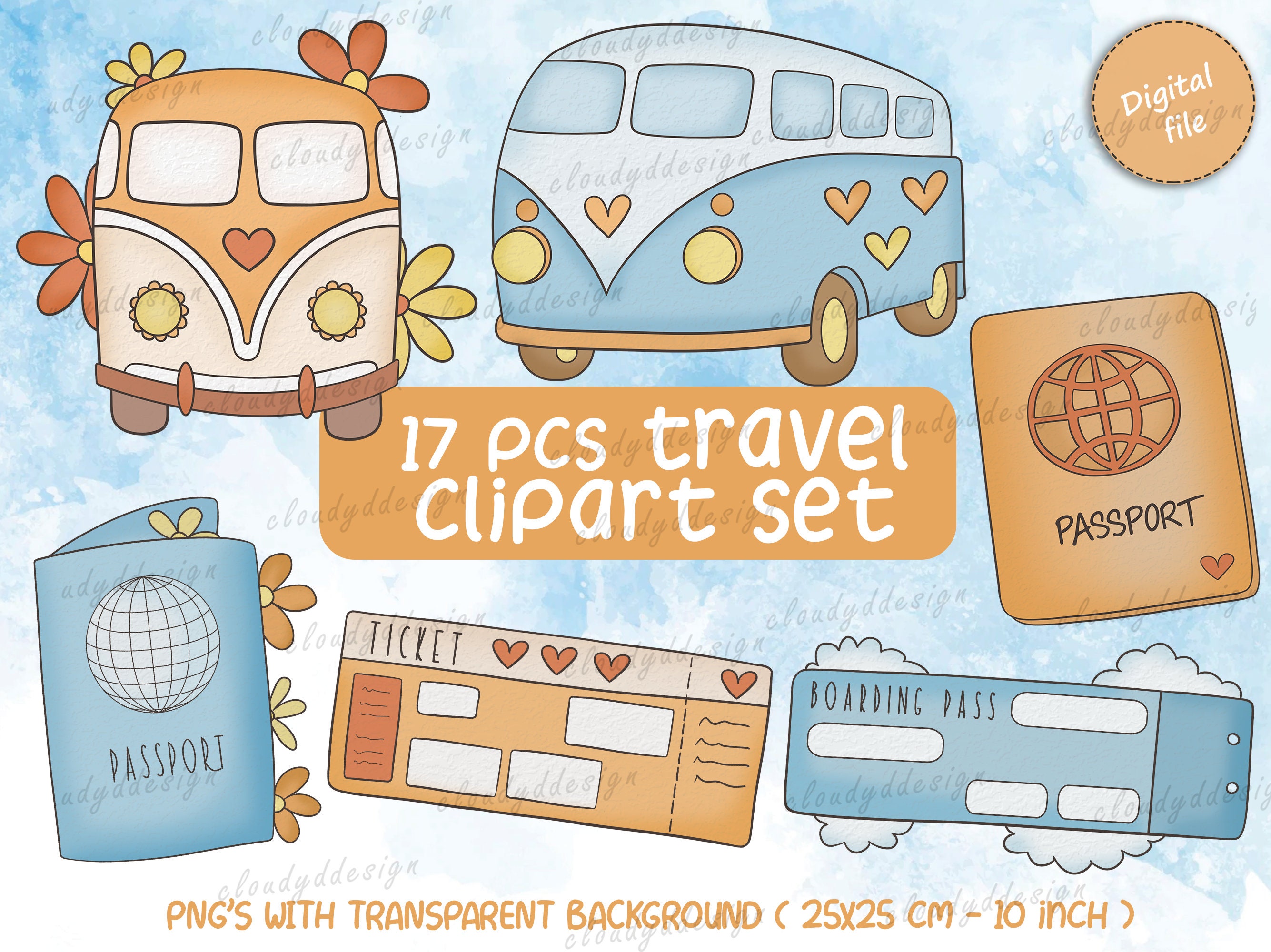 Travel Clipart Set ,PNG , COMMERCIAL USE, Hand Drawn Digital Clipart ...