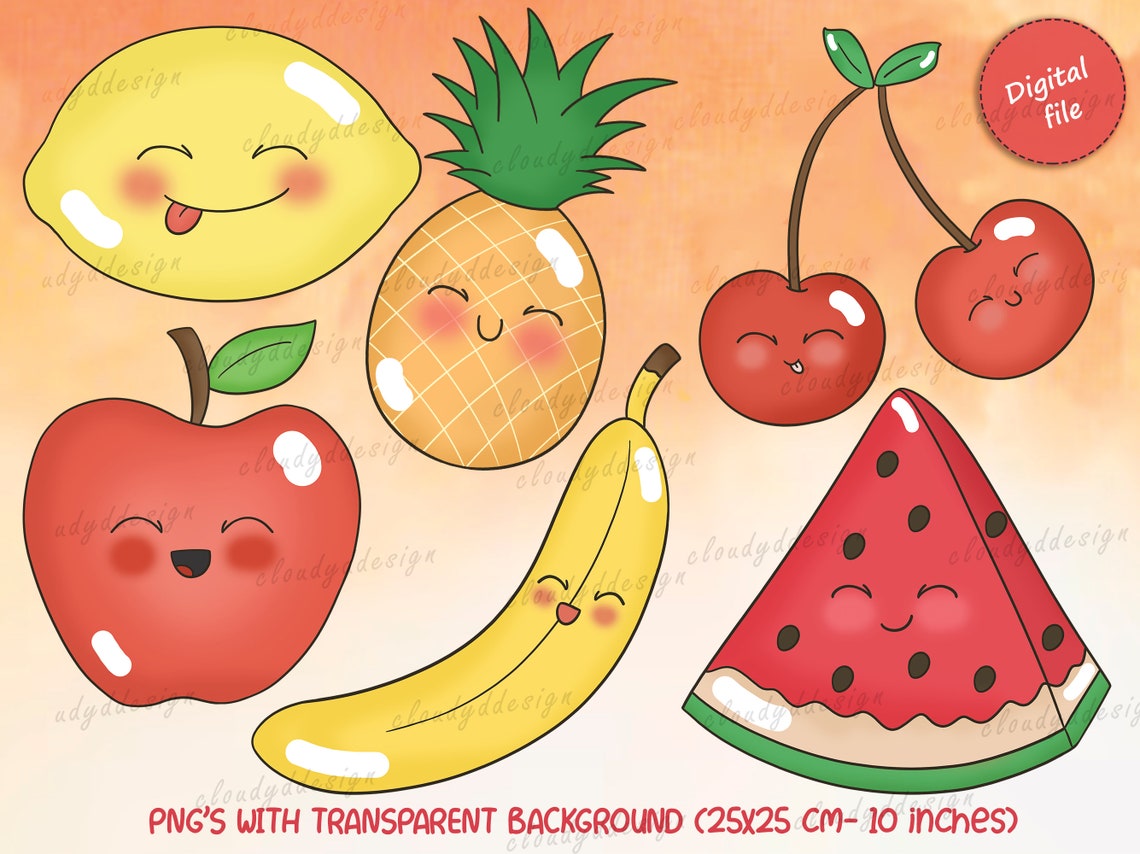 Cute Fruits Clipart Set ,PNG , COMMERCIAL USE Hand Drawn Digital ...