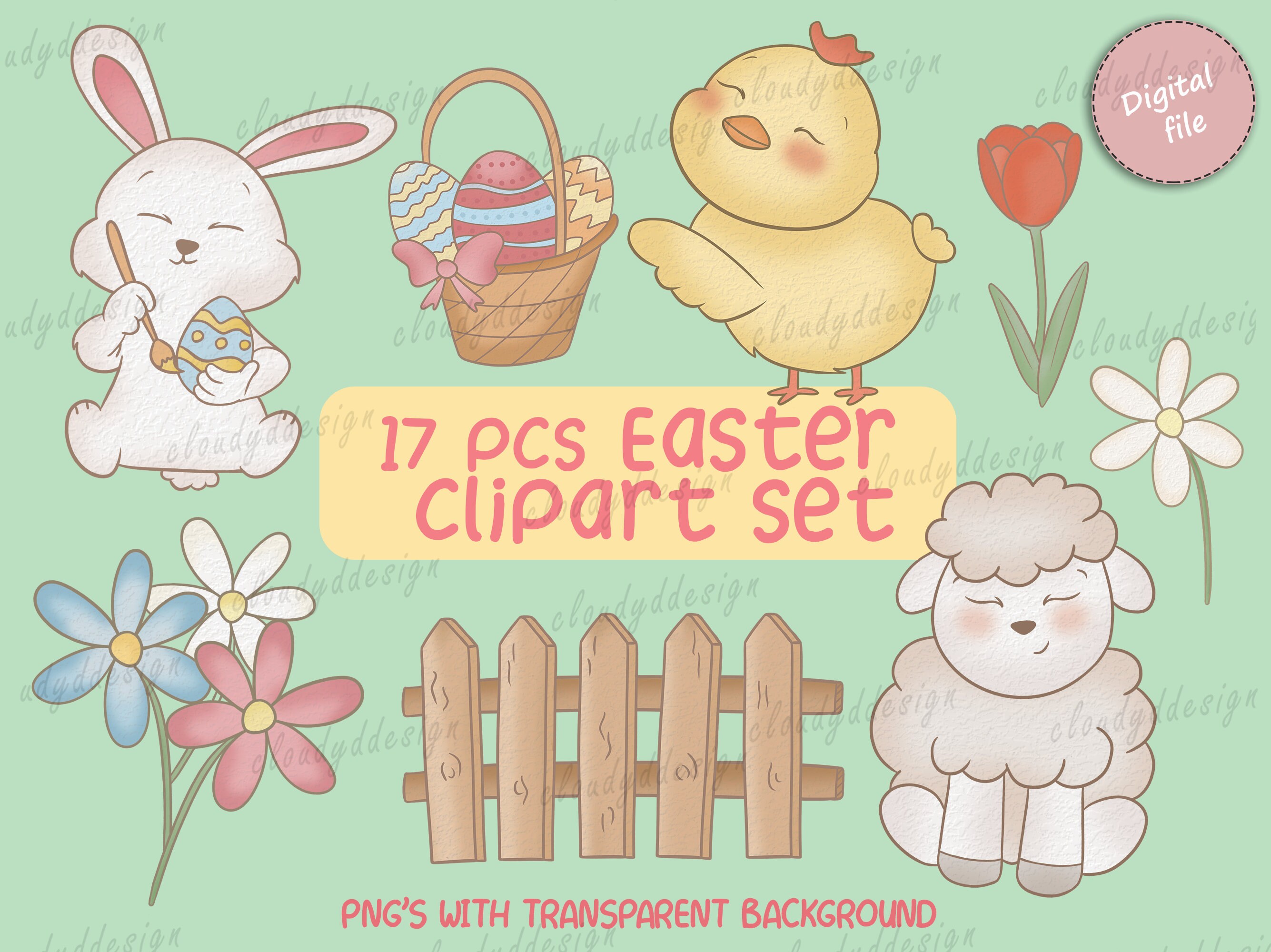 Easter Clipart Set ,PNG , COMMERCIAL USE Hand Drawn Digital Clipart ...