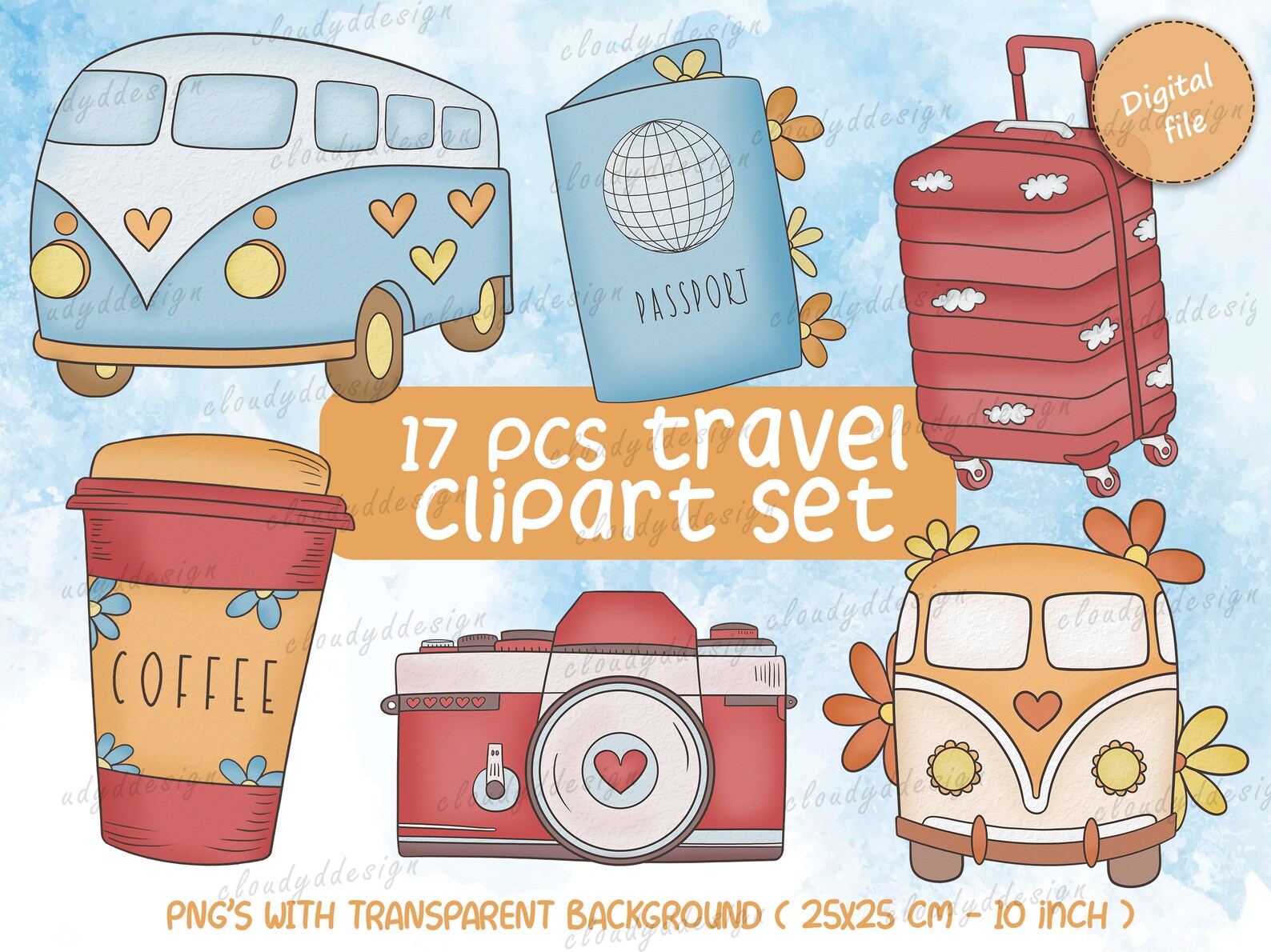 Travel Clipart Set ,PNG , COMMERCIAL USE, Hand Drawn Digital Clipart ...
