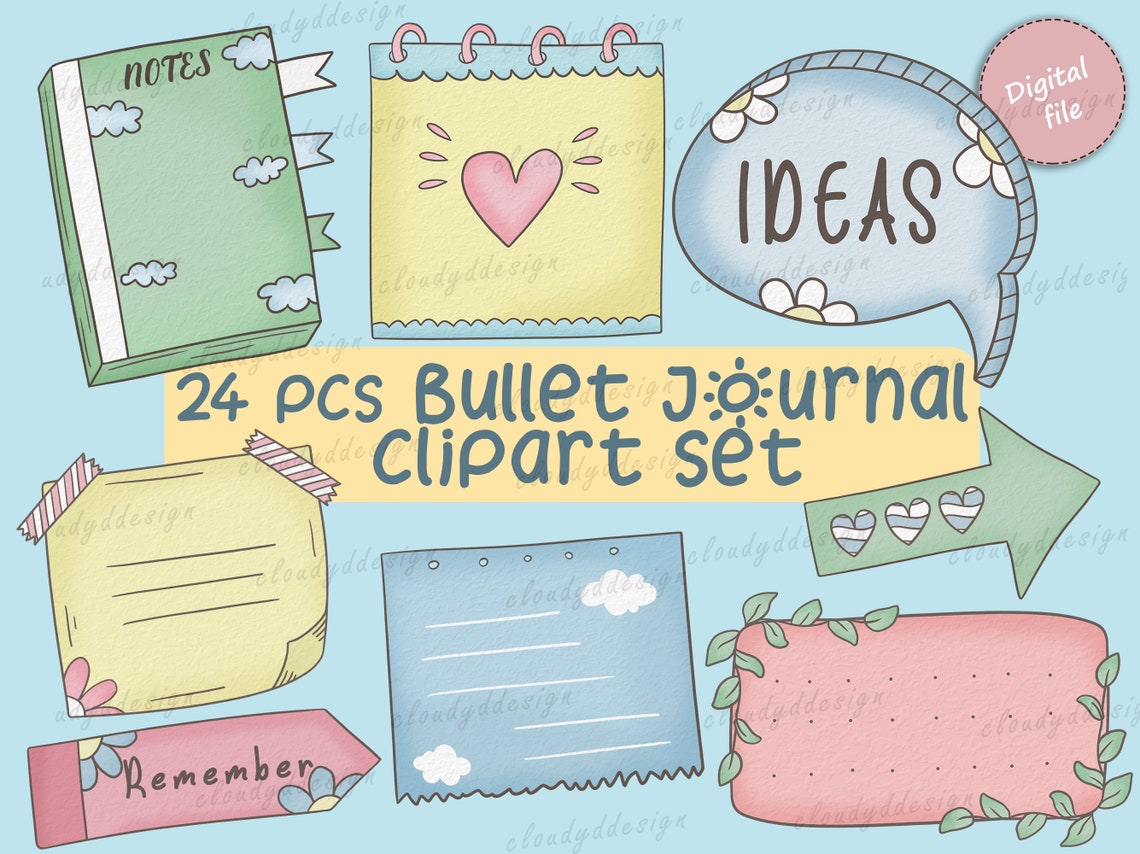 Bullet Journal Clipart Set ,PNG , COMMERCIAL USE, Hand Drawn Digital ...