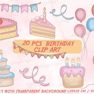20 Pcs Birthday Clipart ,COMMERCIAL USE , PNG Party Clip Art, Hand ...