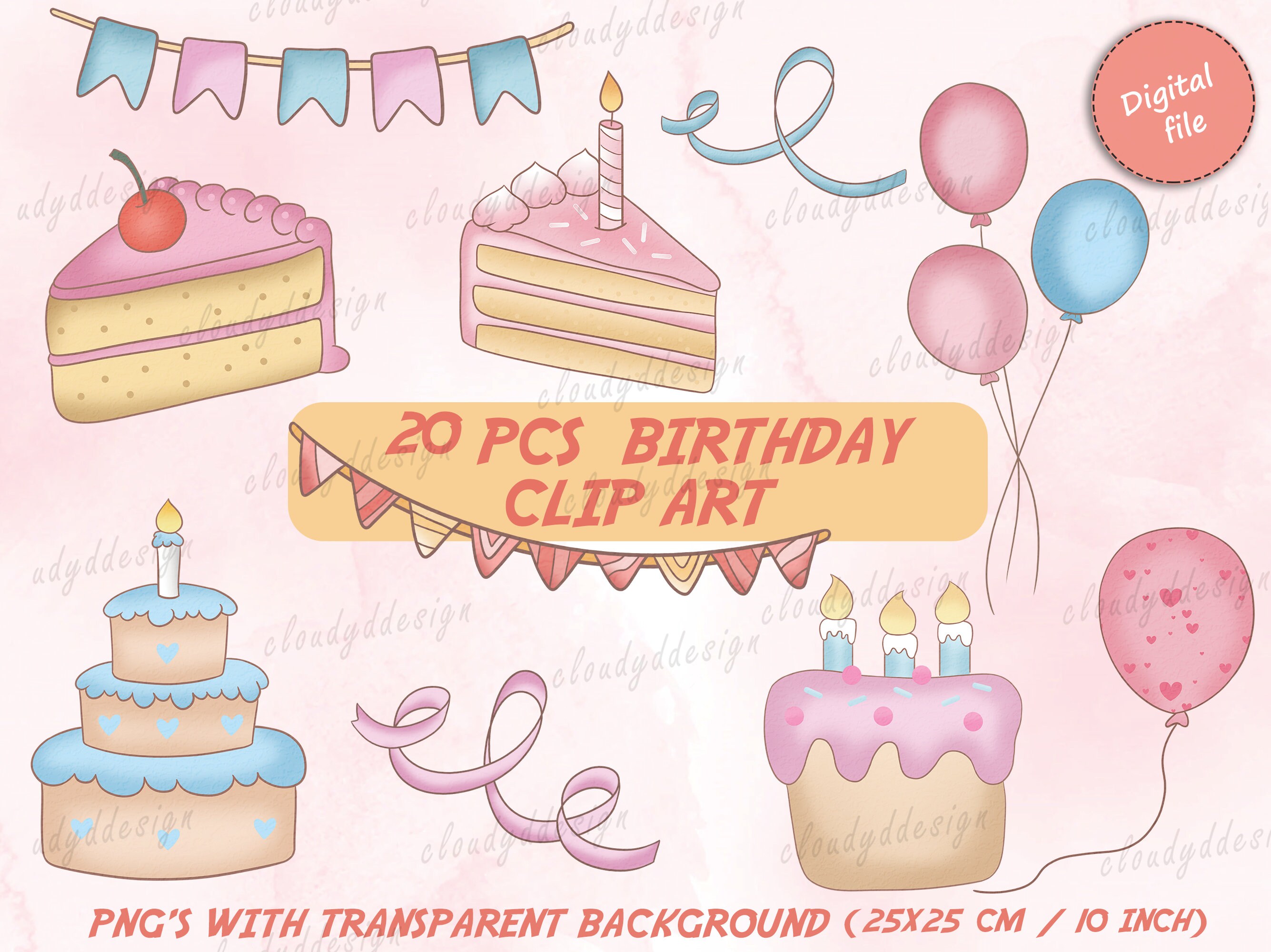 20 Pcs Birthday Clipart ,COMMERCIAL USE , PNG Party Clip Art, Hand ...